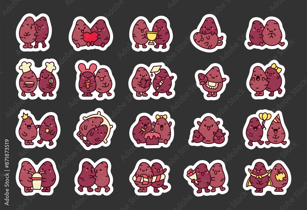 Couple sweet potato friends. Sticker Bookmark. Funny cartoon food. Hand ...