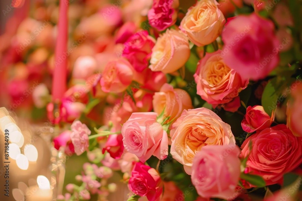 Details of luxury hotel event with catwalk art roses and wedding party ...