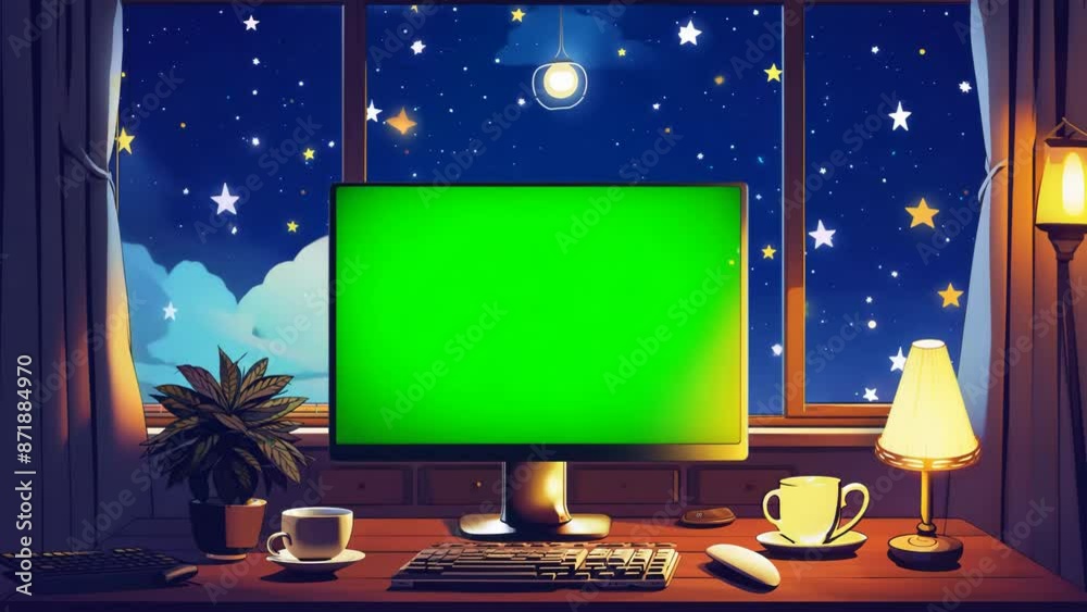 Computer monitor with green screen on cozy desk at night Stock Video ...
