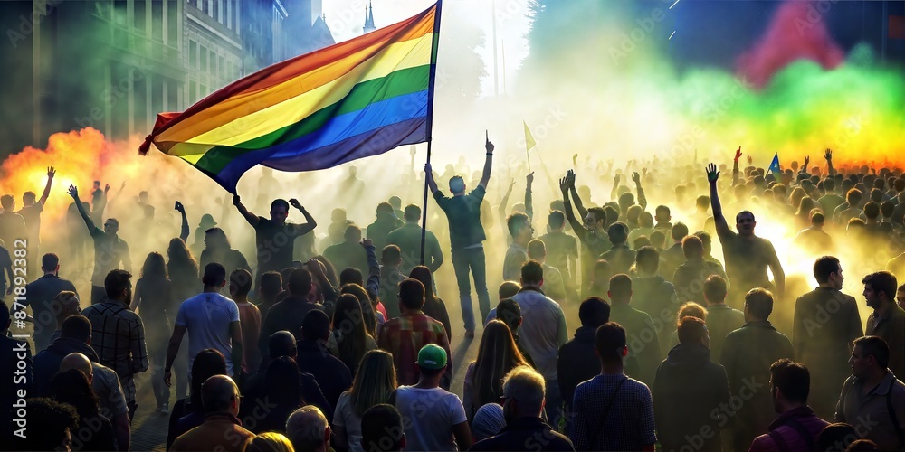 Large crowd celebrates gay pride in the city streets, waving rainbow ...