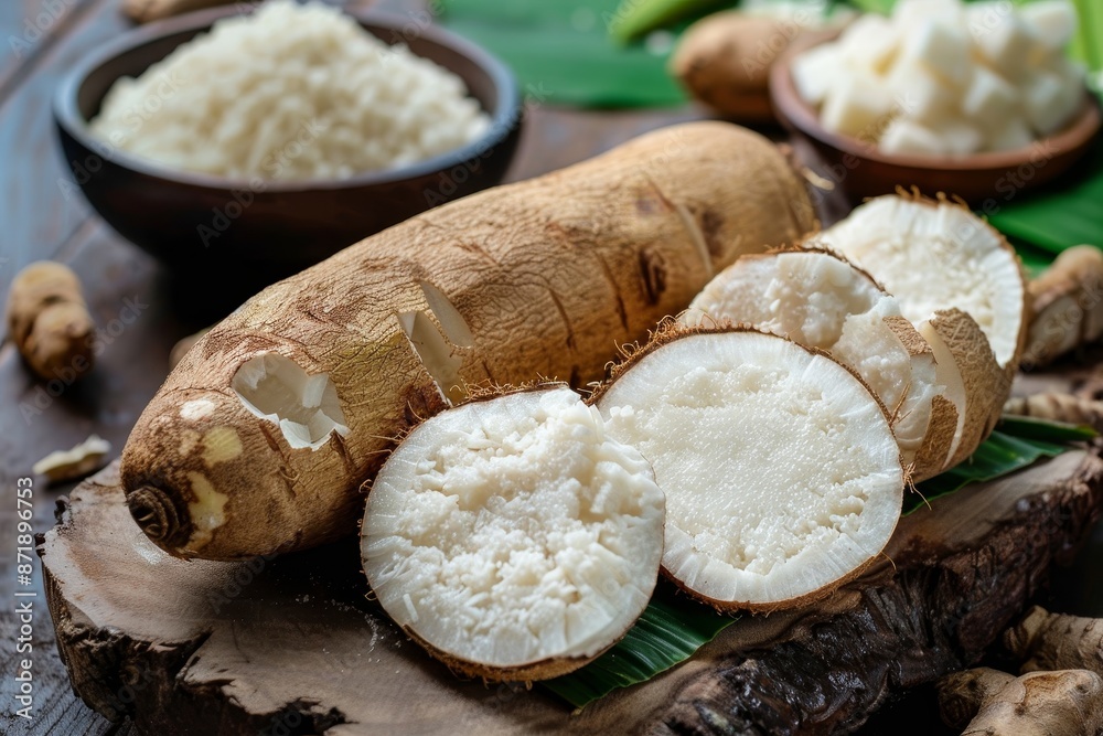 Fresh tapioca root cooked with grated coconut in South Indian dish ...