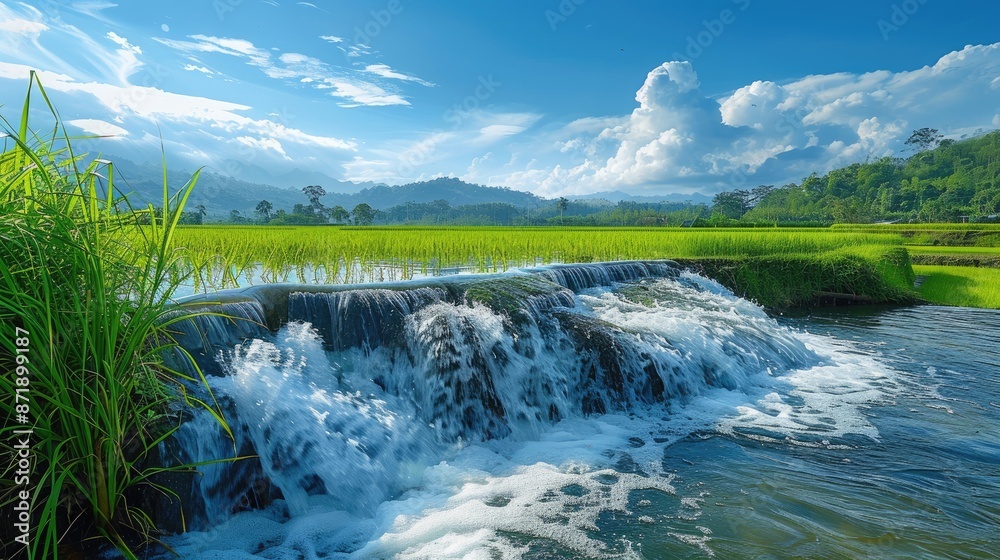 water being harvesting from an artificial dam in the rice fields, which ...