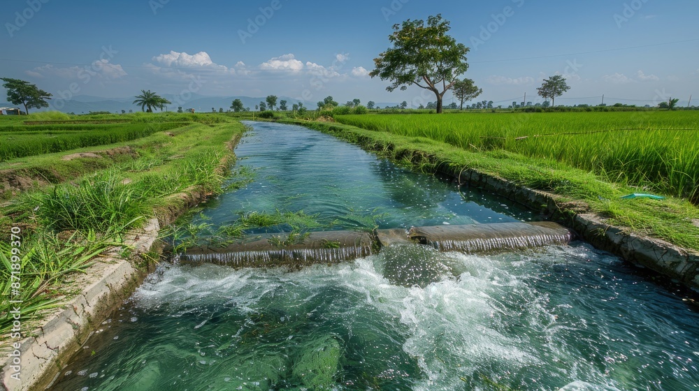 water being harvesting from an artificial dam in the rice fields, which ...