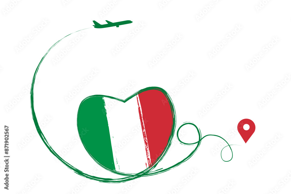 Flag of Italy. Heart, love romantic travel. Symbol of airplane, air ...