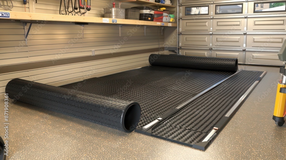 Roll-out rubber mats in a garage, creating a clean and organized ...
