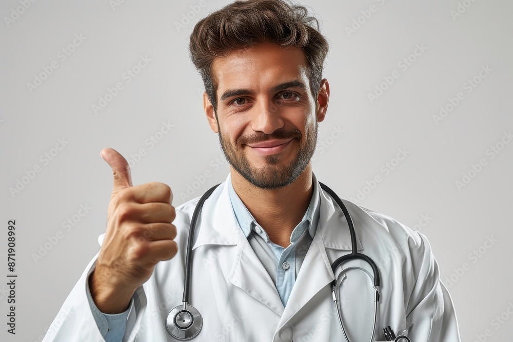 Confident doctor giving a thumbs-up gesture while wearing a white coat ...