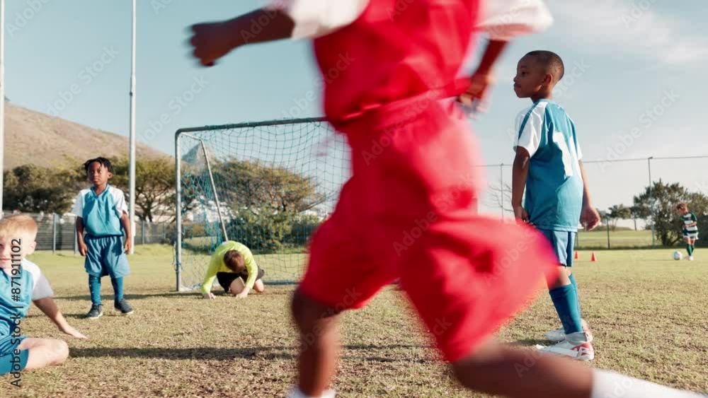 Kick, football player and children in stadium for score, practice and ...