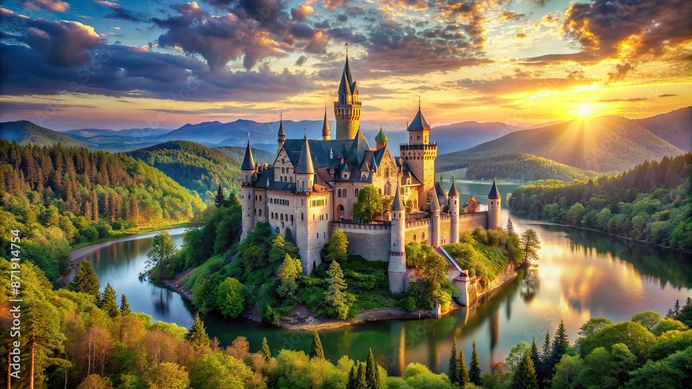 Majestic medieval fairy tale castle with tall spires, grand halls, and ...