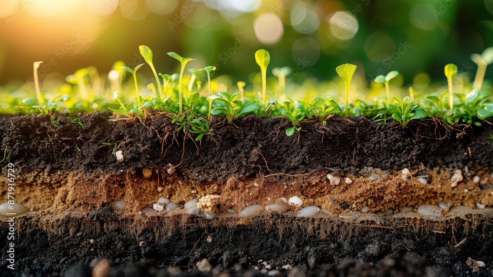 Cross-section of soil layers with young plants sprouting, depicting ...