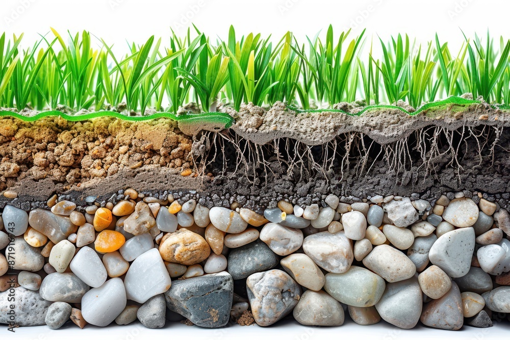 Cross-sectional view of grass roots, soil layers, and pebbles ...