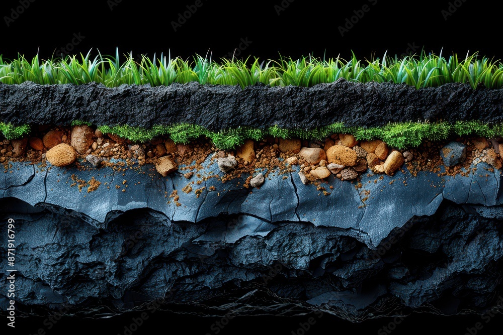 Detailed cross-section of soil and rock layers beneath lush green grass ...