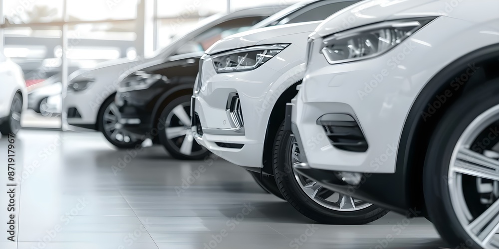 Car dealership showroom with closeup of vehicles available for sale or ...