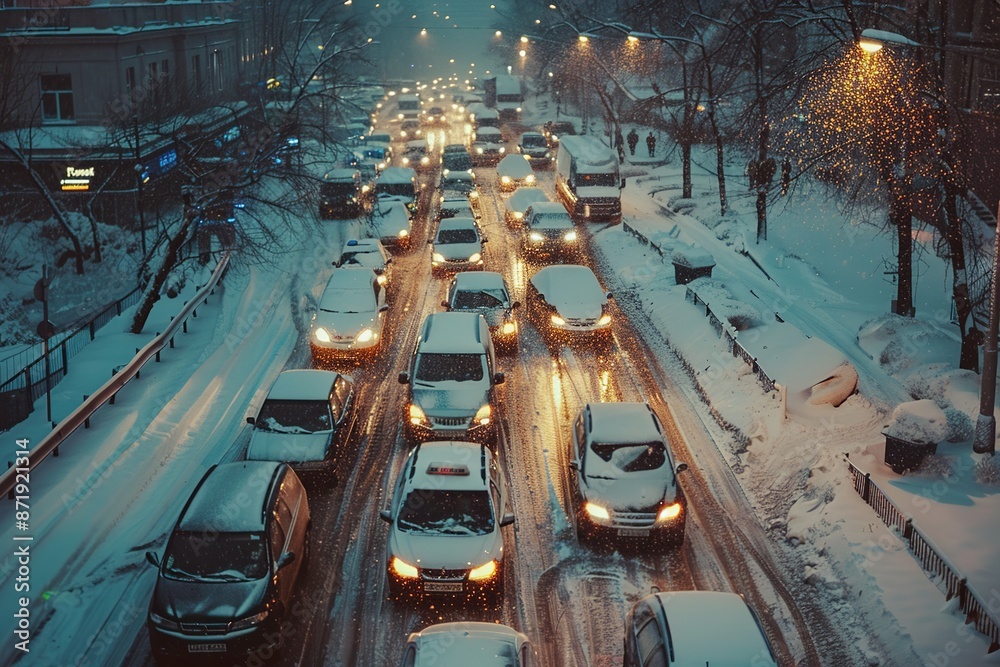 Winter city roads. Many cars are stuck in city traffic jam due heavy ...