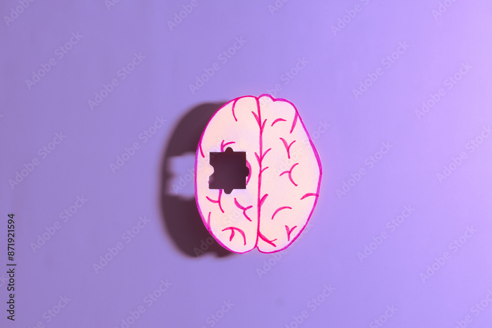 Human brain anatomy missing a piece of jigsaw puzzle on purple ...