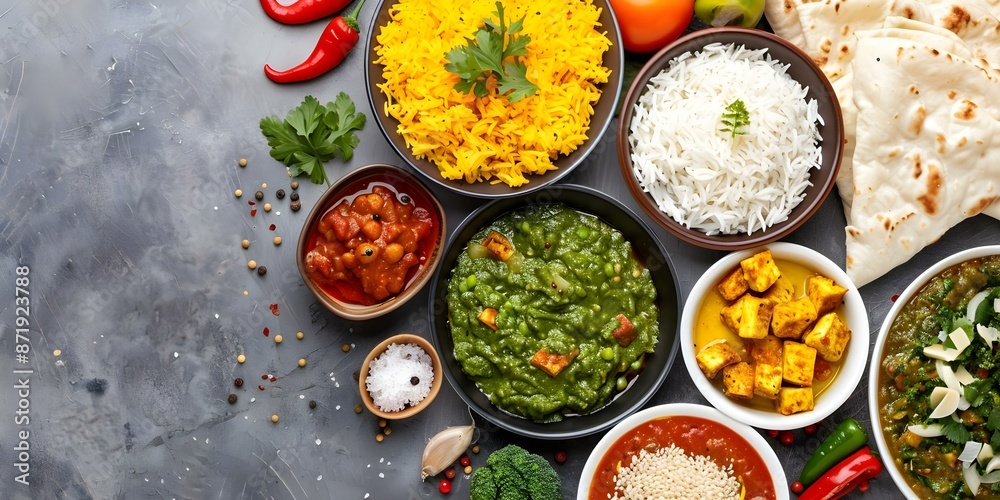 Colorful Indian feast with saag paneer paneer tikka masala daal veggies ...
