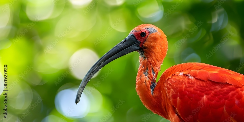 Scarlet ibis with long beak grooming in green forest at zoo. Concept ...