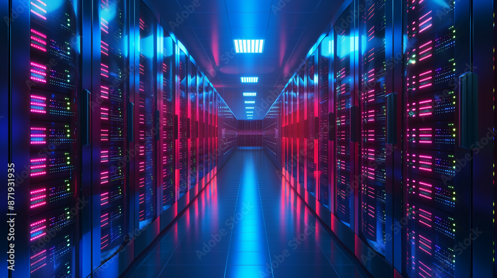 Modern data center with rows of servers and blinking lights ...