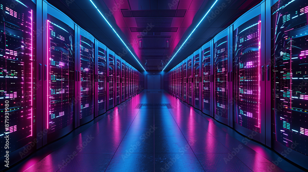 Modern data center with rows of servers and blinking lights ...