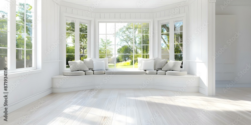 Scandinavian living room with shiplap ceiling bay windows window seat ...