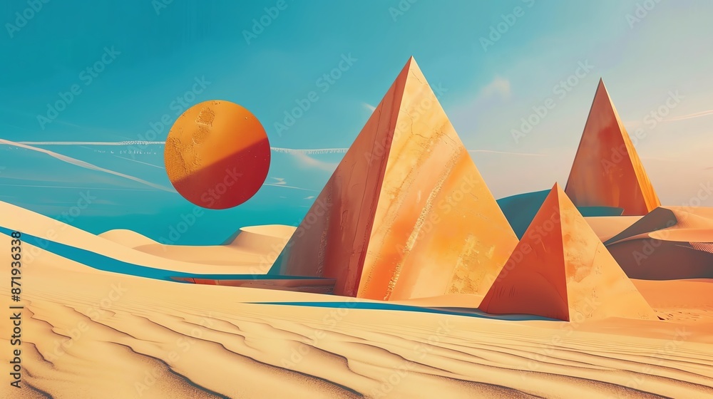 Surreal desert landscape featuring geometric pyramids and a floating ...