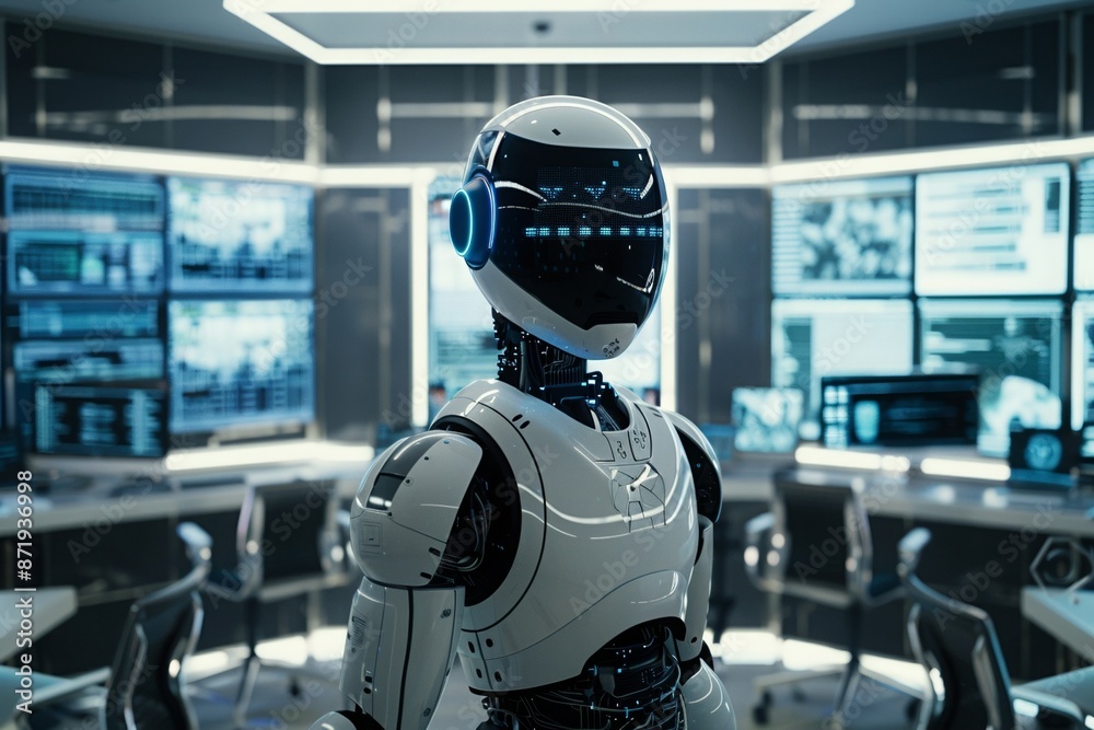 Advanced robot in high-tech control room with multiple screens Stock ...