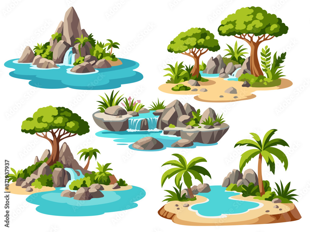 Cartoon tropical islands. Palm, reservoirs and trees, rocks and ...