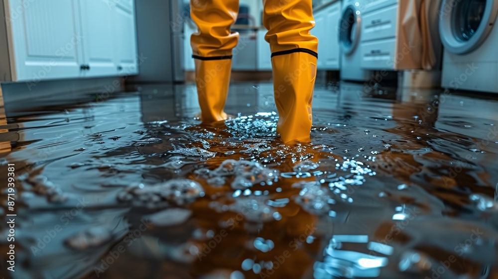 Mopping up deep floodwater in basement after leak, emergency ...