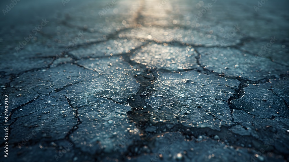 The asphalt road, with cracks and worn areas, illuminated by soft ...