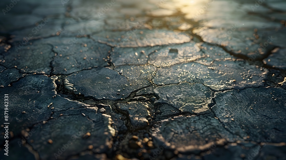 The asphalt road, with cracks and worn areas, illuminated by soft ...