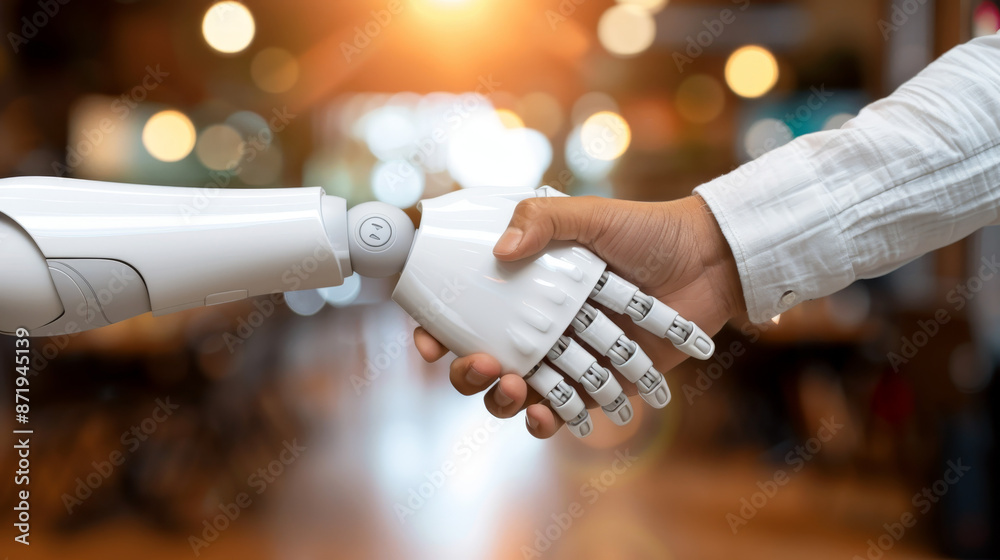 Realistic photo capturing a human hand shaking an AI hand, symbolizing ...