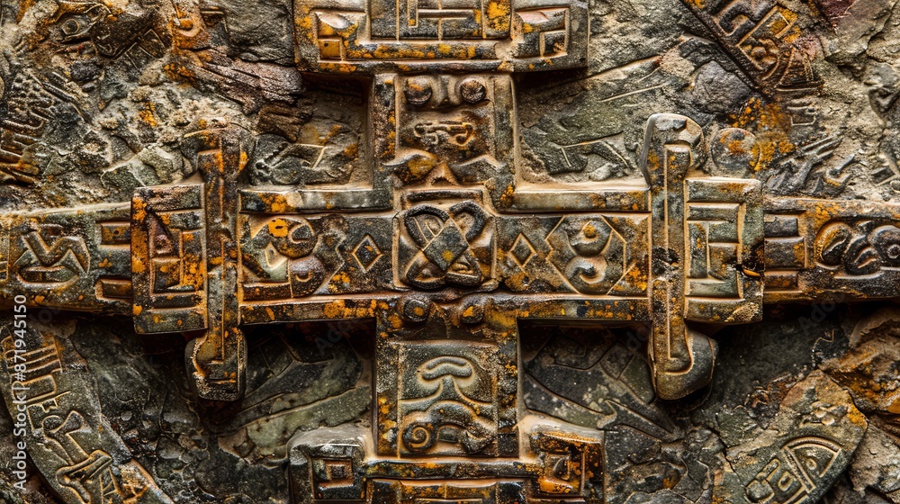 Inca Cross Stone, highlighting cultural importance, detailed carvings ...
