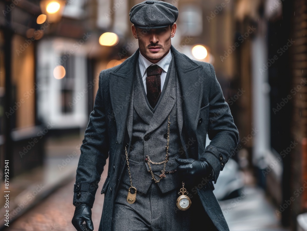 A handsome man with wavy brown hair and muscles in a peaky blinders ...