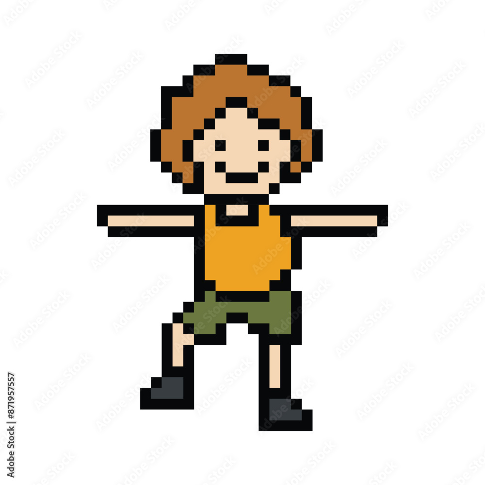 Cute pixel cartoon 8bit character man exercises training dance ...