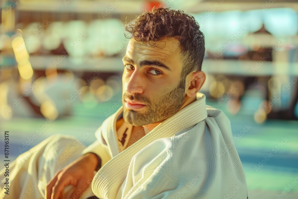 Male fitness club member with karate, sports injury, and neck ache ...