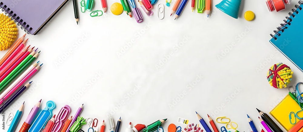 Vibrant school supplies on a white background, bottom border design for ...