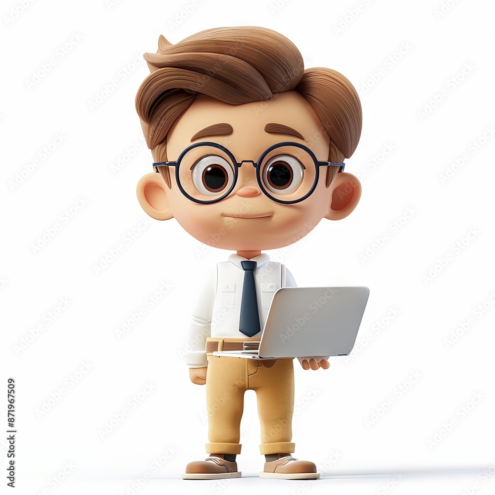 A 3D cartoon character of a young professional boy in an office setting ...