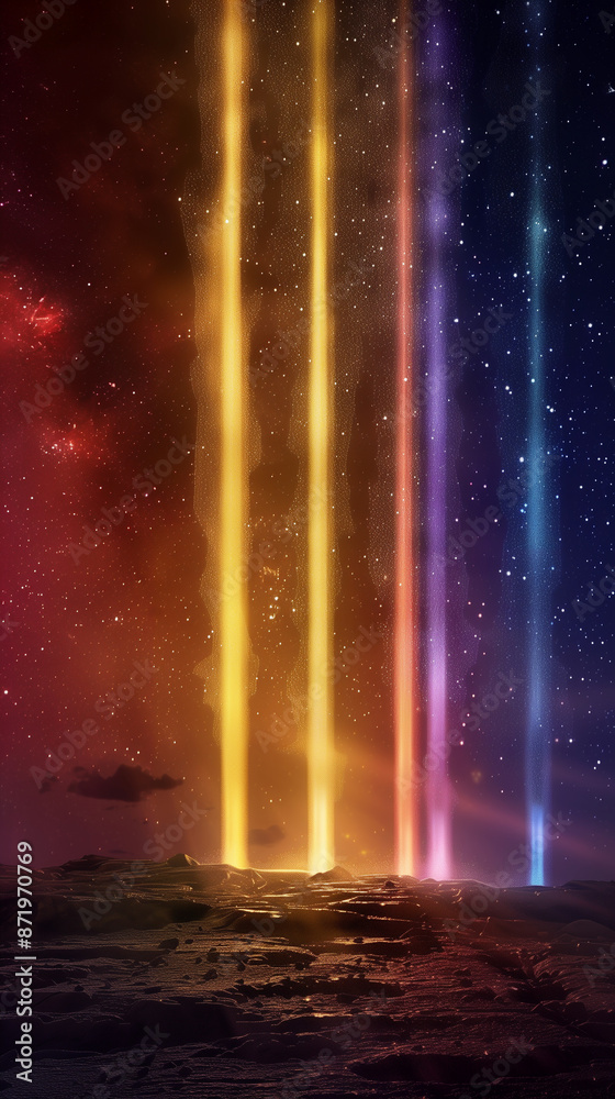 In the dark night sky five dazzling light pillars of different colors ...