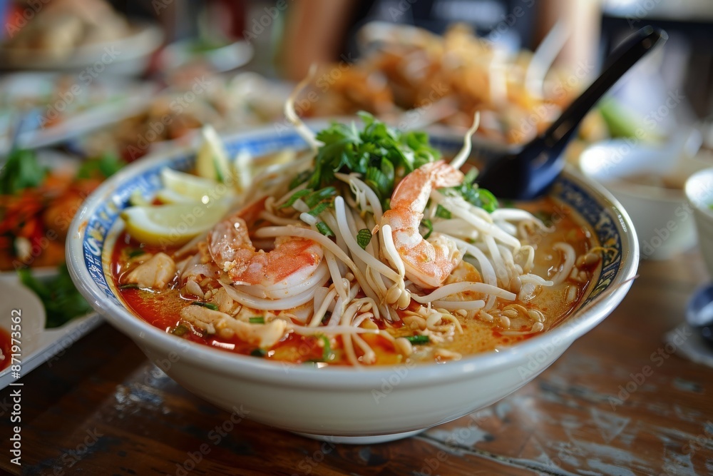 Penang assam laksa dish on a table a Malaysian spicy noodle dish ...