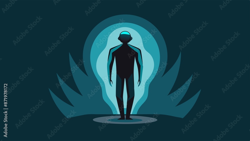 solitary human form emerges from the void, its features ...