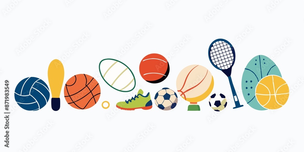Watercolor illustration of sports balls and equipment lined up neatly ...