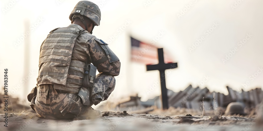 Soldier kneeling at battlefield cross with American flag honoring ...