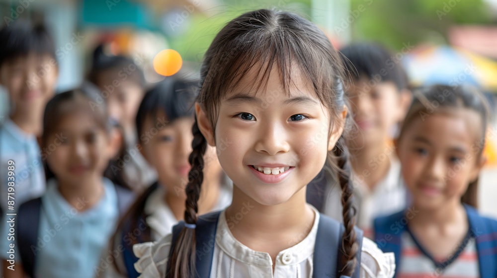 A group of Asian primary school students smiling and standing in front ...