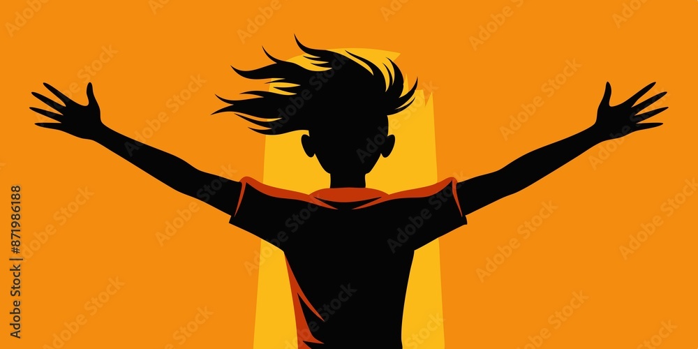 Silhouette of person facing forward, arms stretched upwards, hair ...