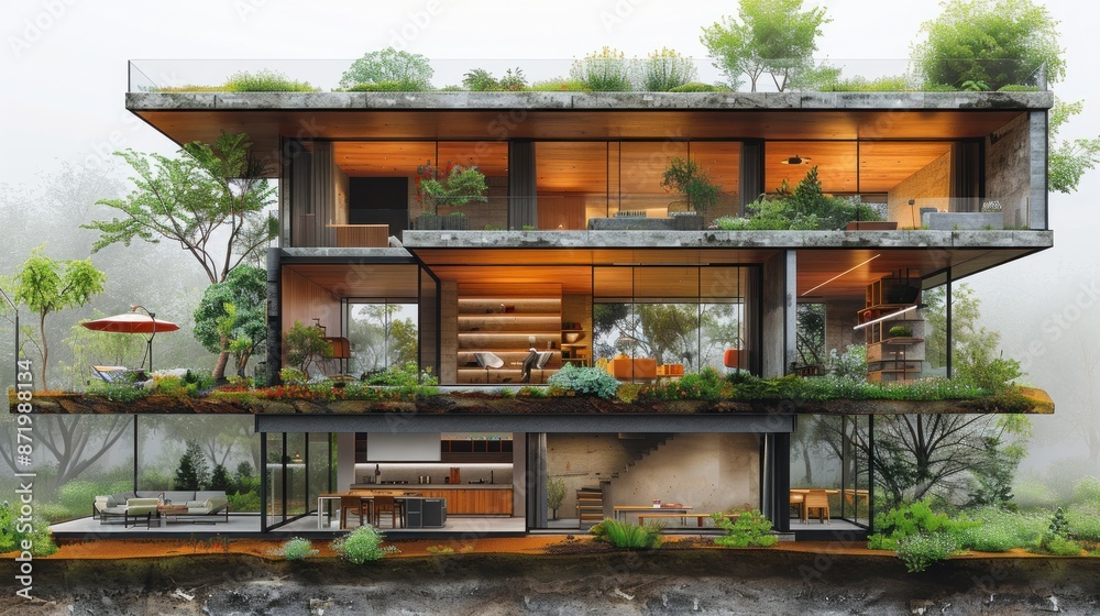 Visualize a detailed cross-section of a carbon-neutral building with ...