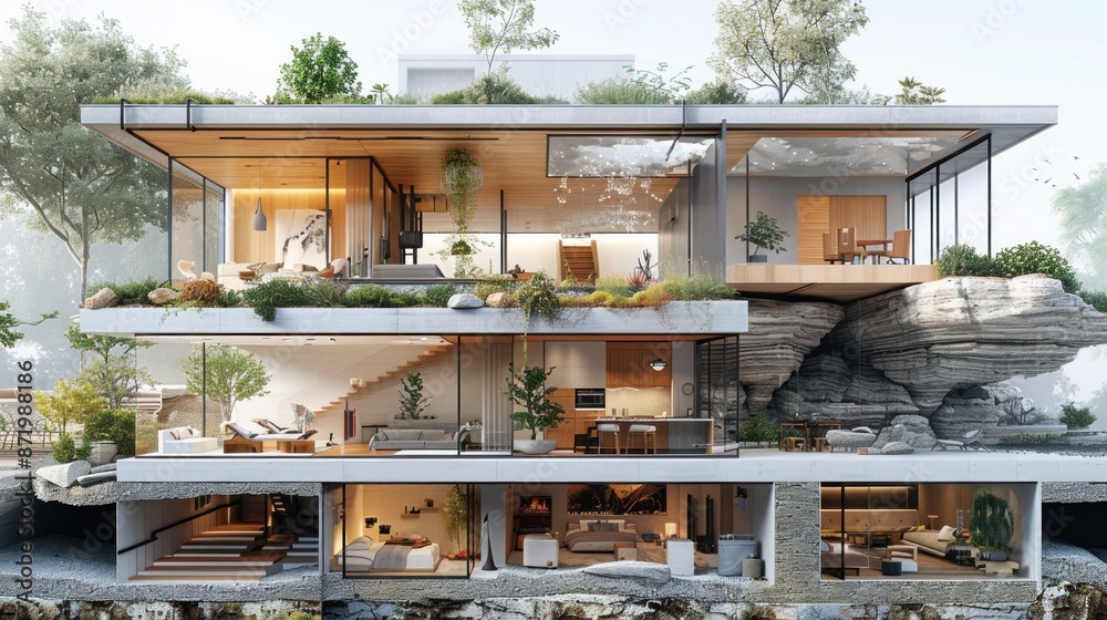 Visualize a detailed cross-section of a carbon-neutral building with ...