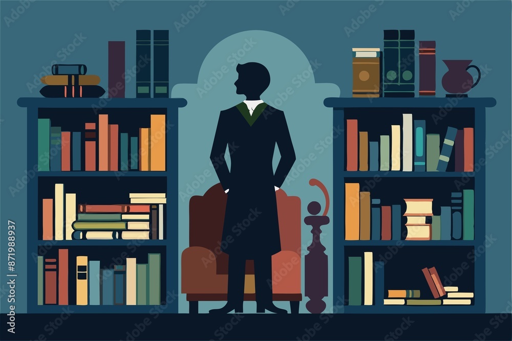 Person, Bookshelf, Books, Elegant silhouette of person standing in ...