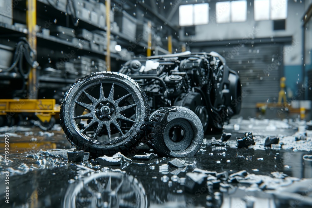 Industrial scene with disassembled machinery workshop setting ...