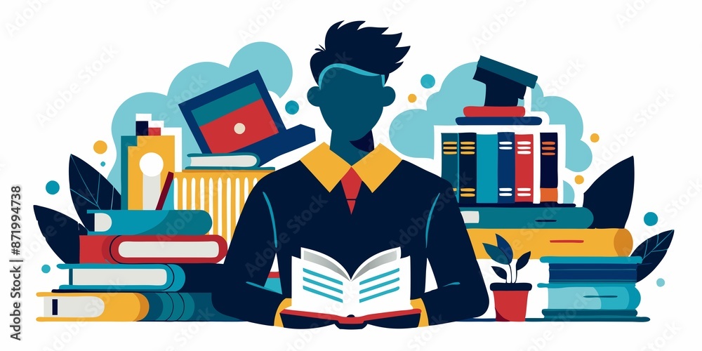 student, busy, study, books, Student in silhouette isolated on white ...