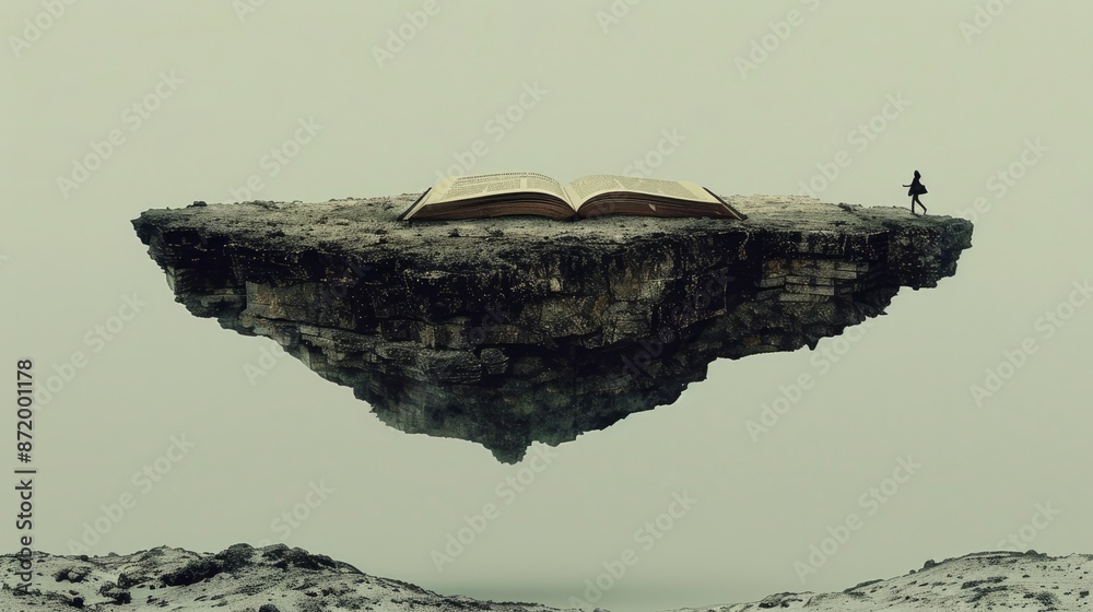 Minimalist, surreal digital art of a floating book, pages turning in ...