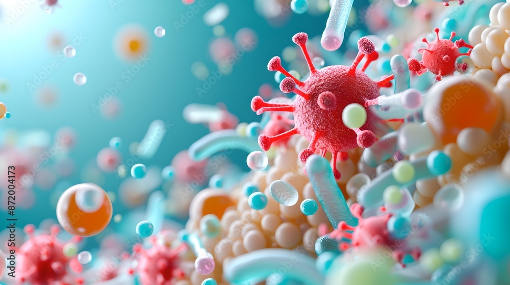 Minimalist 3D abstract background with realistic bacteria representing ...